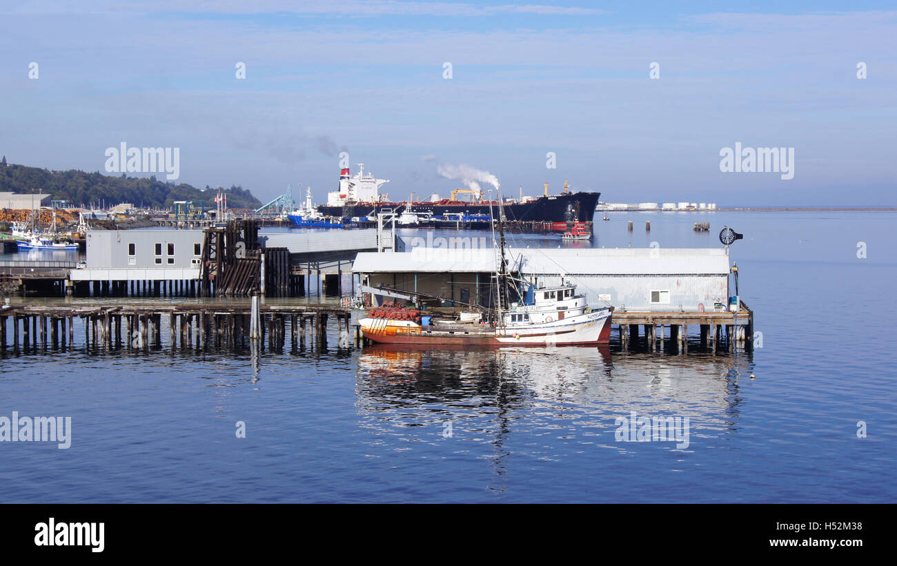 Port Angeles, WASHINGTON USA - October 2014: pier with a fishing boat ...