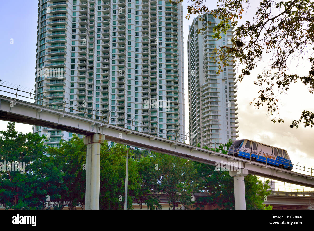 Miami Metromover elevated light rail urban transport system in front of ...