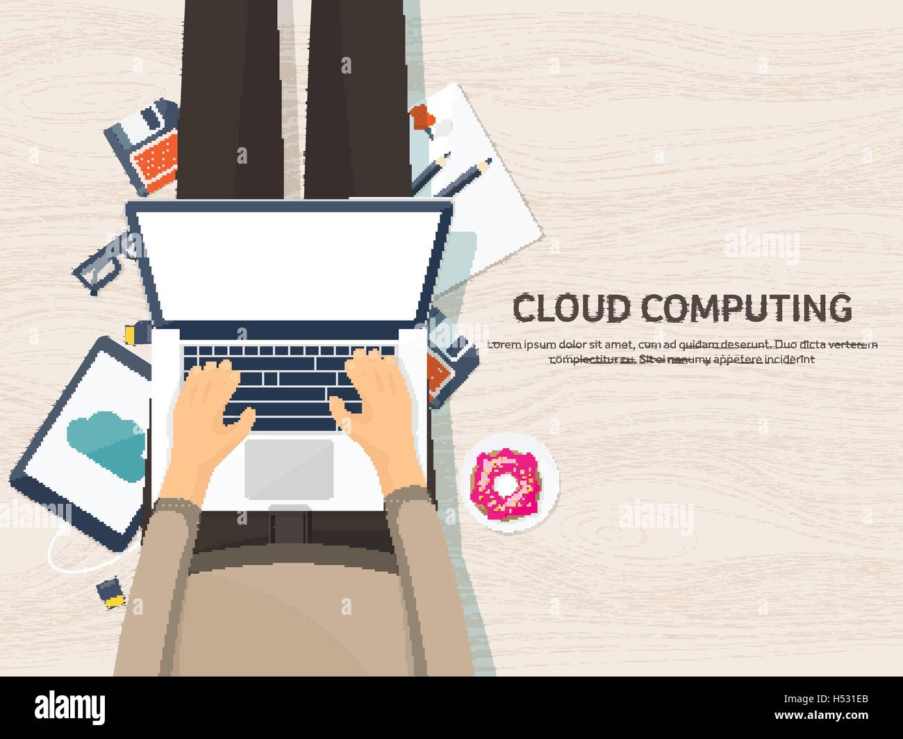 Vector illustration. Workplace, table with documents, computer. Flat cloud computing background ...