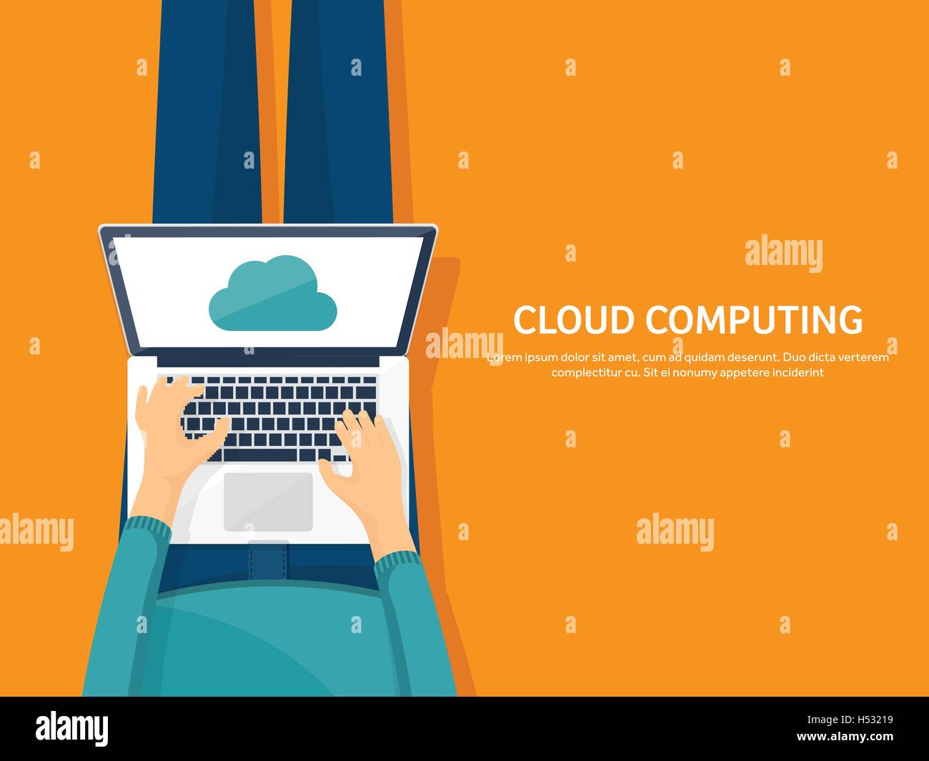 Vector illustration. Workplace, table with documents, computer. Flat cloud computing background ...