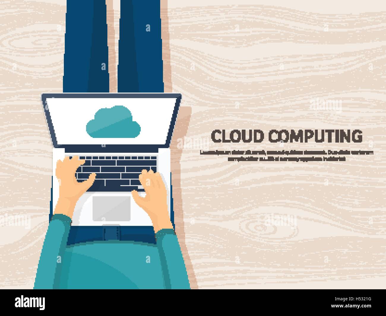 Vector illustration. Workplace, table with documents, computer. Flat cloud computing background ...