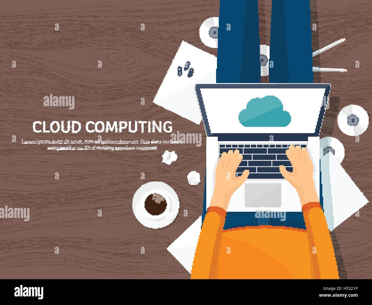 Vector illustration. Workplace, table with documents, computer. Flat cloud computing background ...
