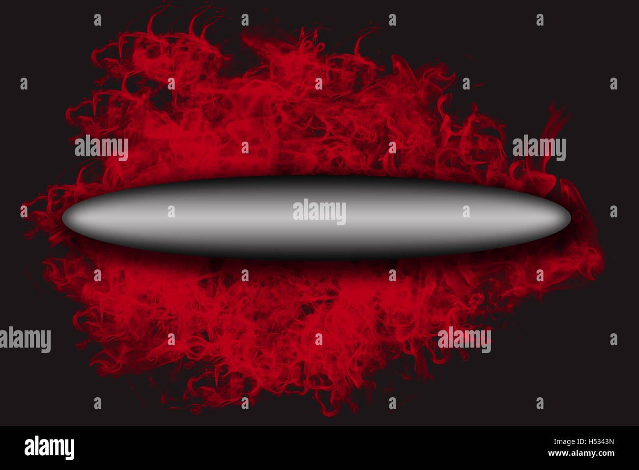 Metal horizontal elliptical shape label with shadows on the red smoke ...