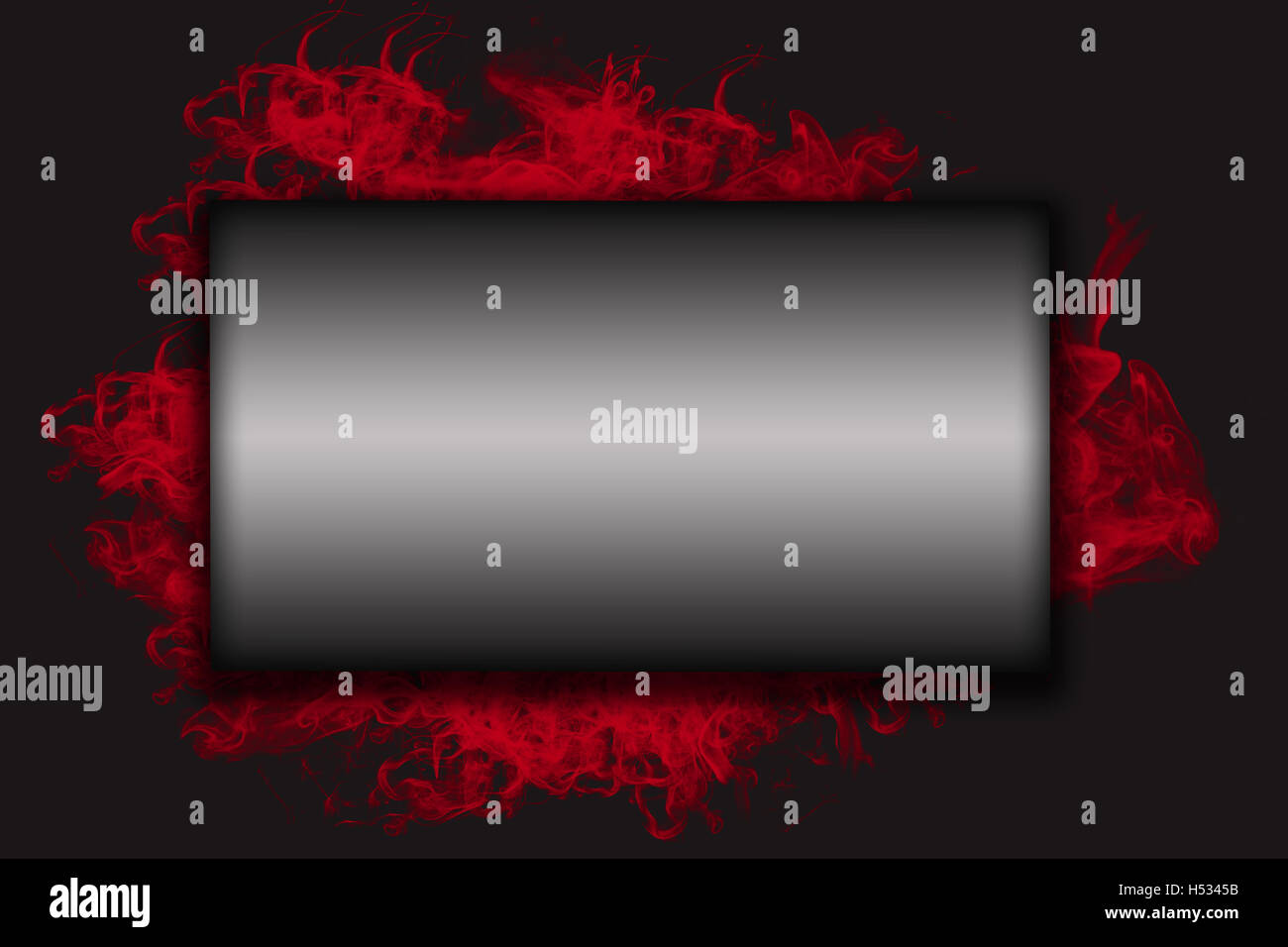 Big metal horizontal rectangle label with shadows on the red smoke and ...