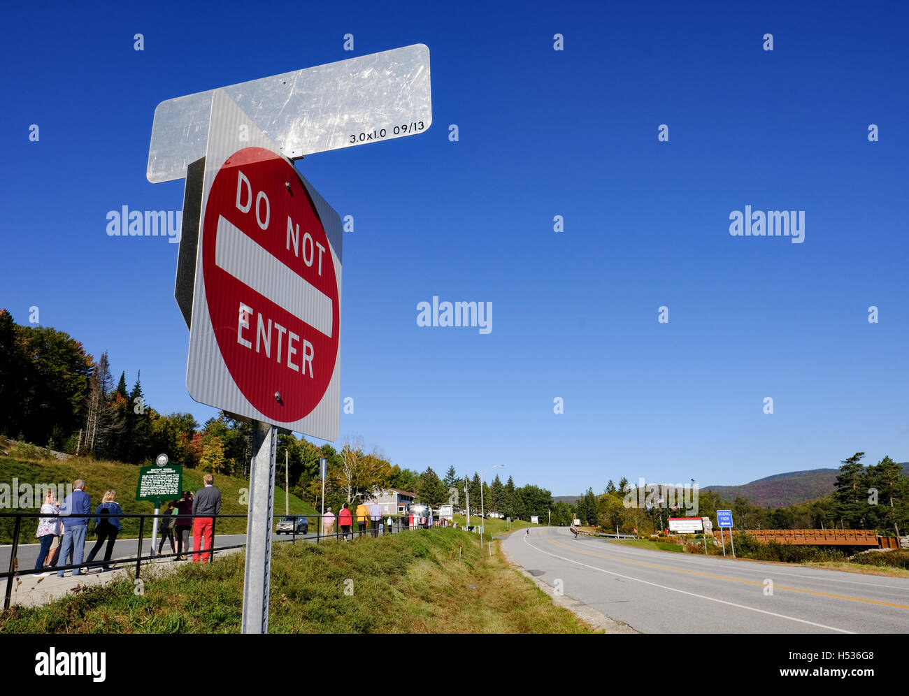 Abstract view of a Do Not Enter sign by a highway in the US state of ...