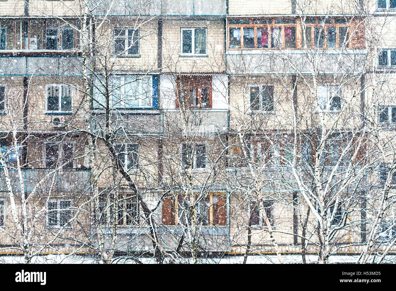 front of a building wall with windows snowfall Stock Photo - Alamy