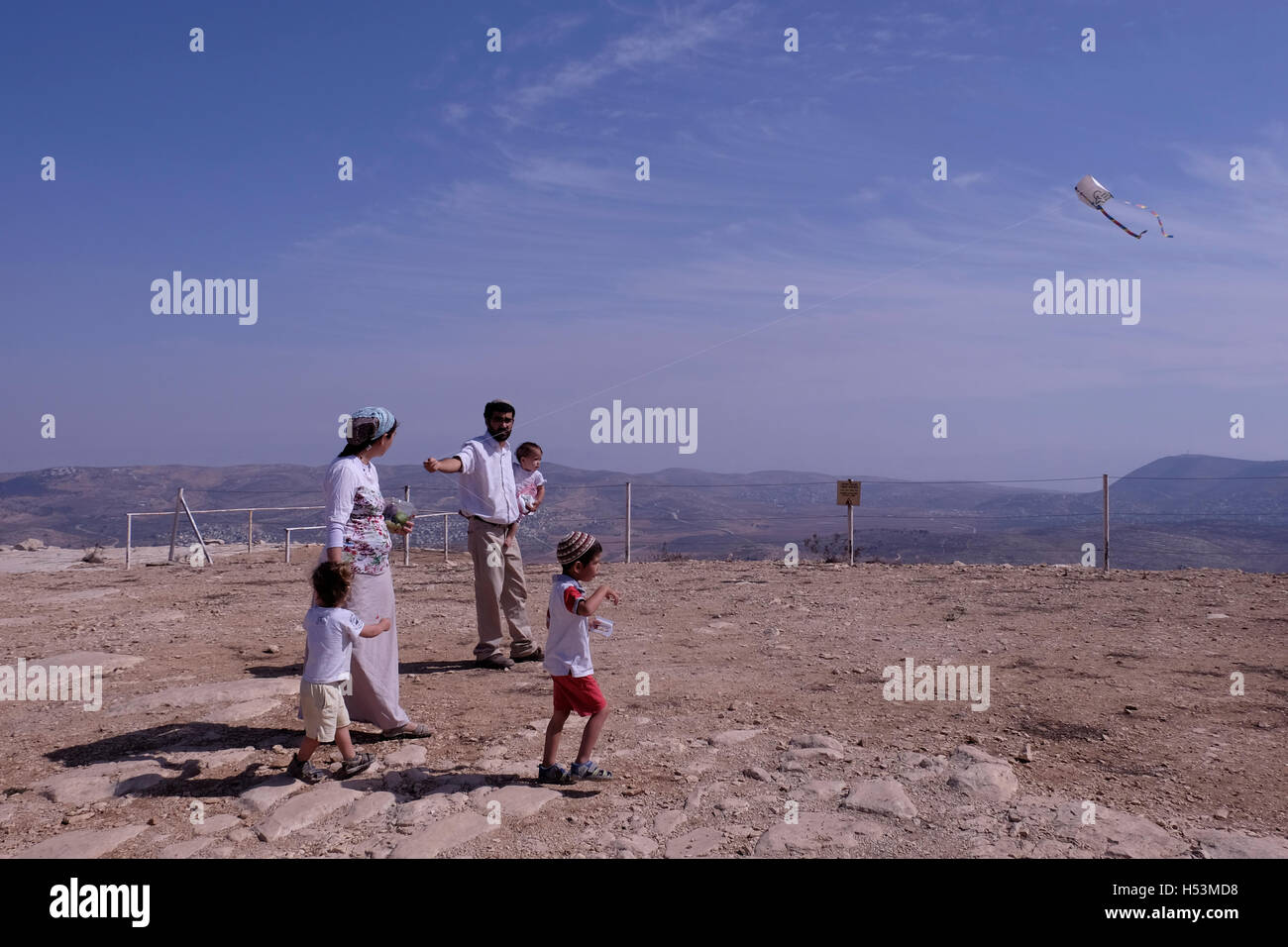 An Israeli religious family flying kites on Mount Gerizim one of the ...