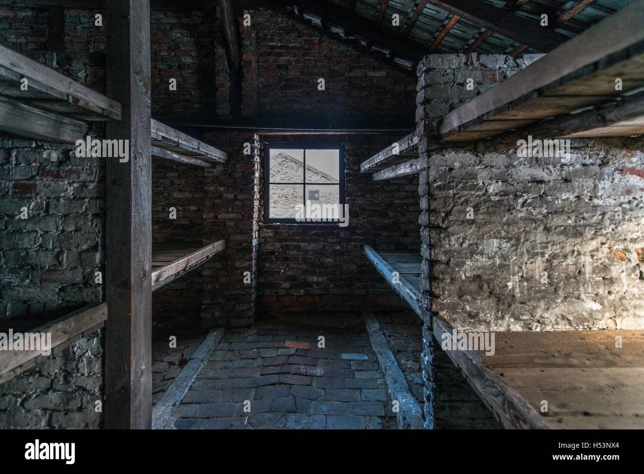 Inside of a barracks of the Nazi concentration camp Auschwitz Birkenau ...