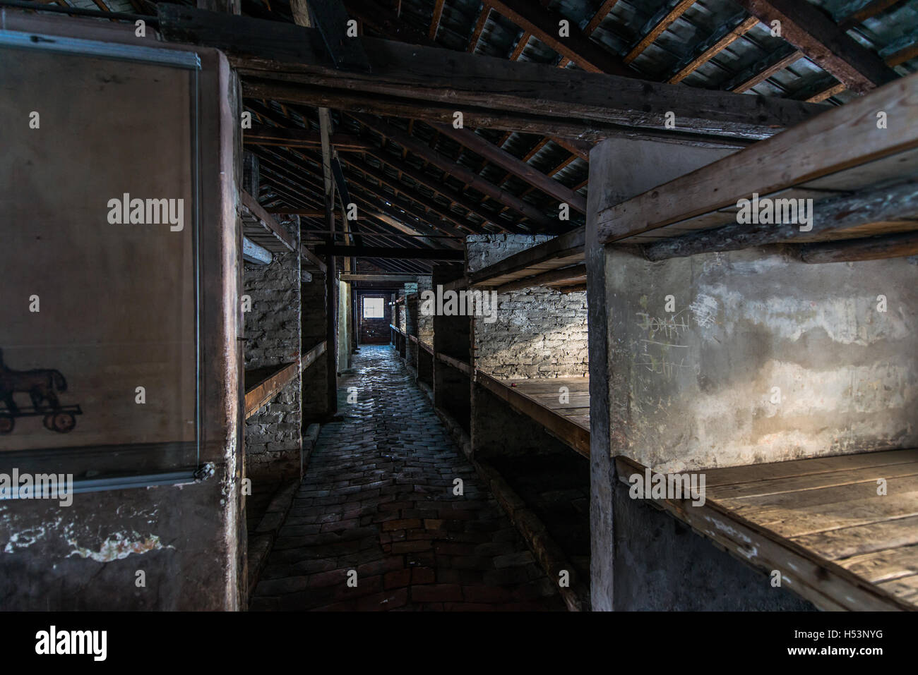 Inside of a barracks of the Nazi concentration camp Auschwitz Birkenau ...