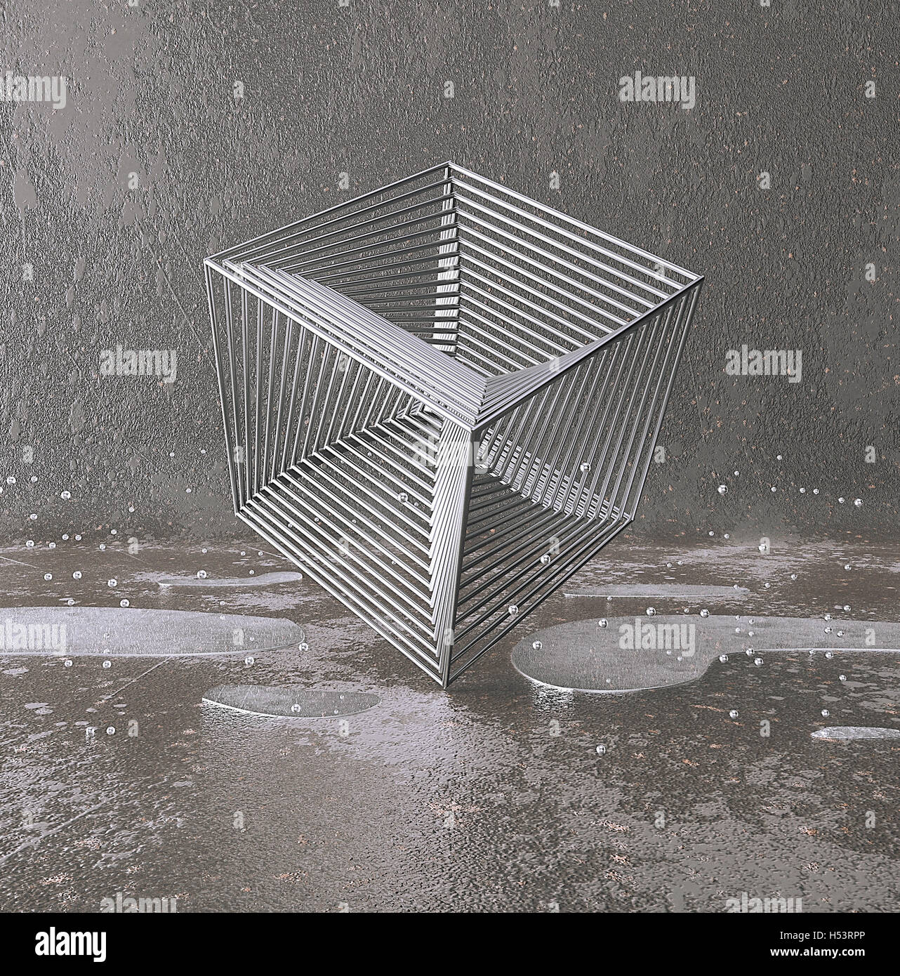 Chrome cube from rods standing standing on one corner in an urban ...