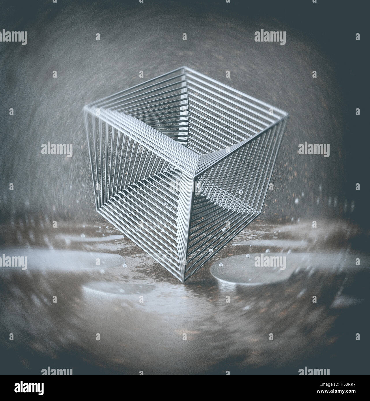 Chrome cube from rods standing standing on one corner in an urban ...