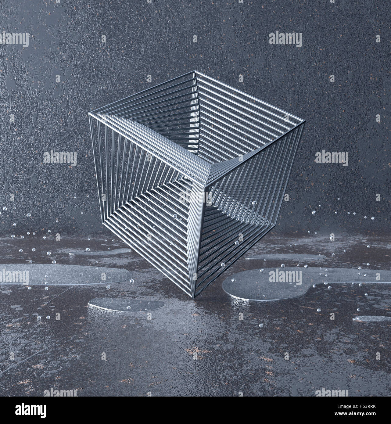 Chrome cube from rods standing standing on one corner in an urban ...