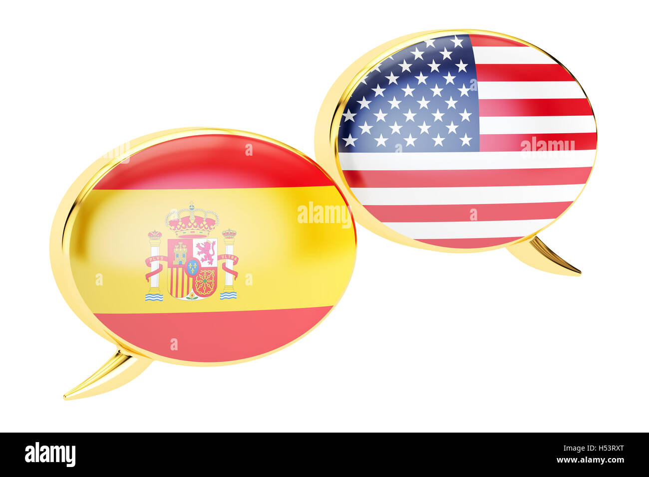 Speech bubbles, Spanish-USA conversation concept. 3D rendering isolated ...