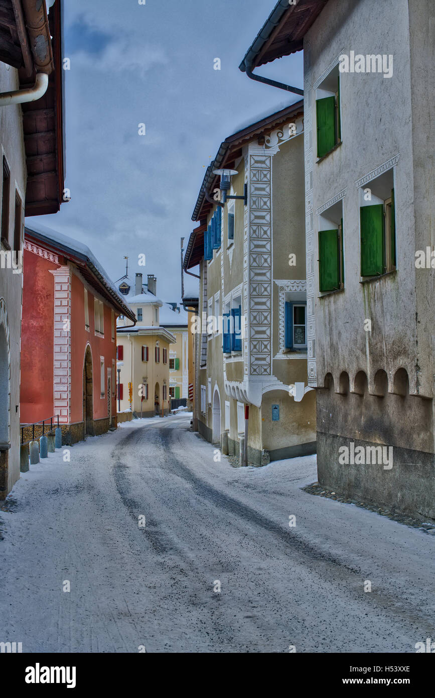 Glimpse of the village of S-chanf in the Engadine valley in Switzerland ...
