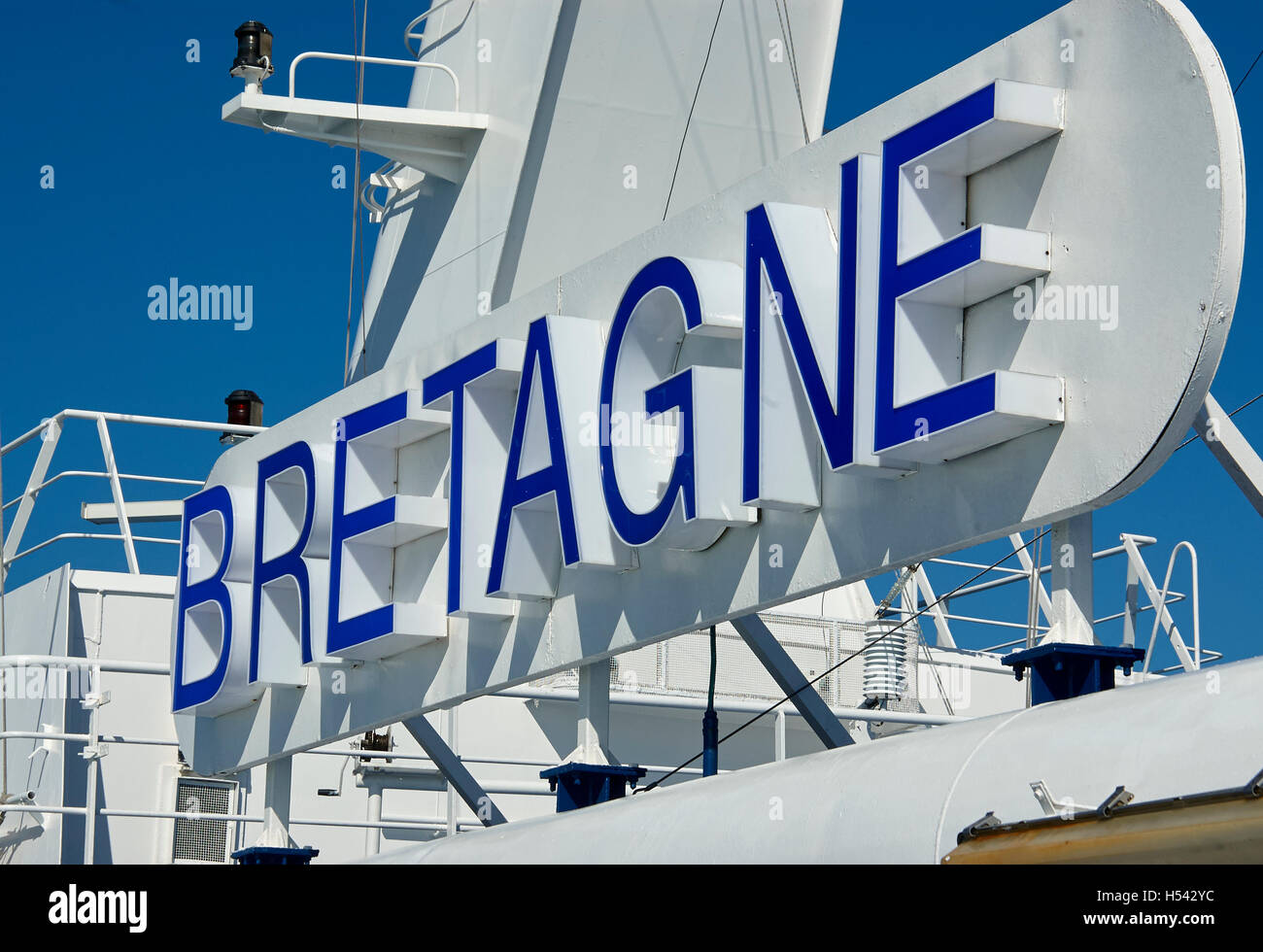 Brittany Ferries Blue and White Bretagne sign and Mast Stock Photo - Alamy