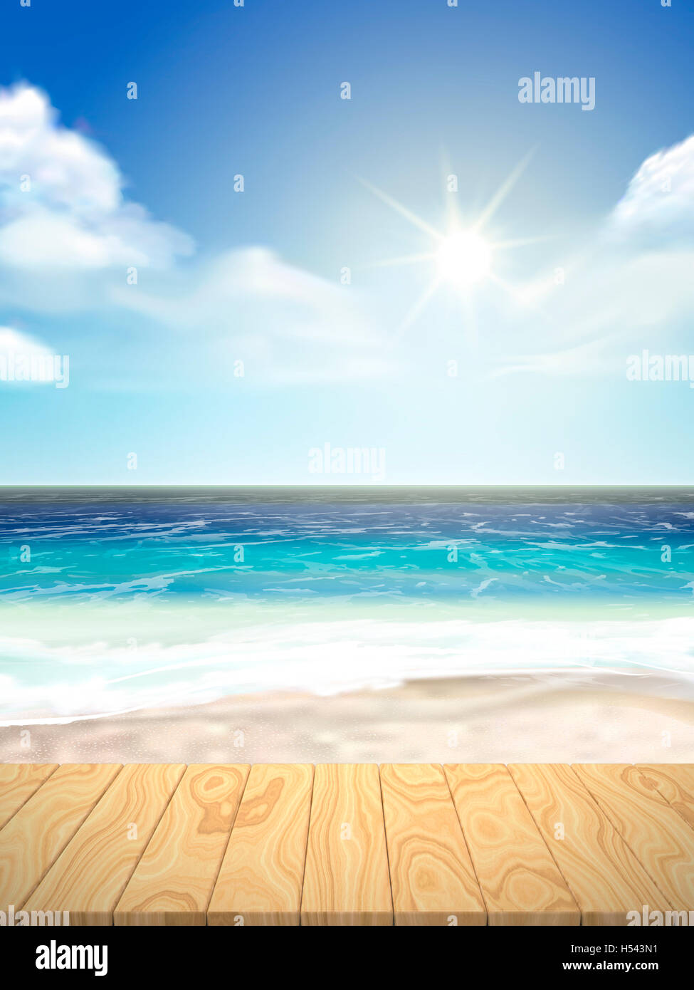 beautiful sand of beach scene background, 3d rendering wood plate Stock ...