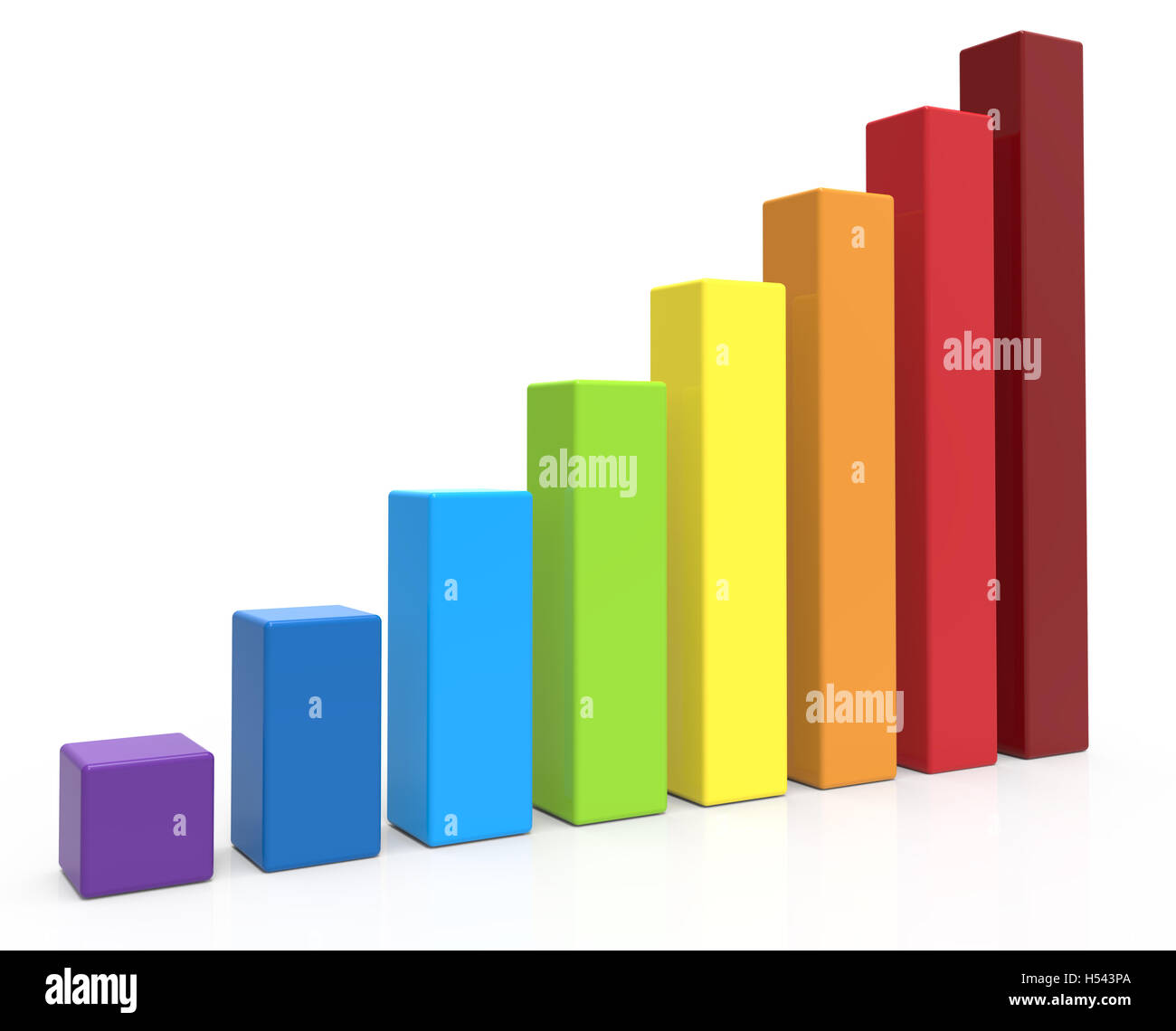 3d rendering rainbow colored bar chart, isolated white background, left ...