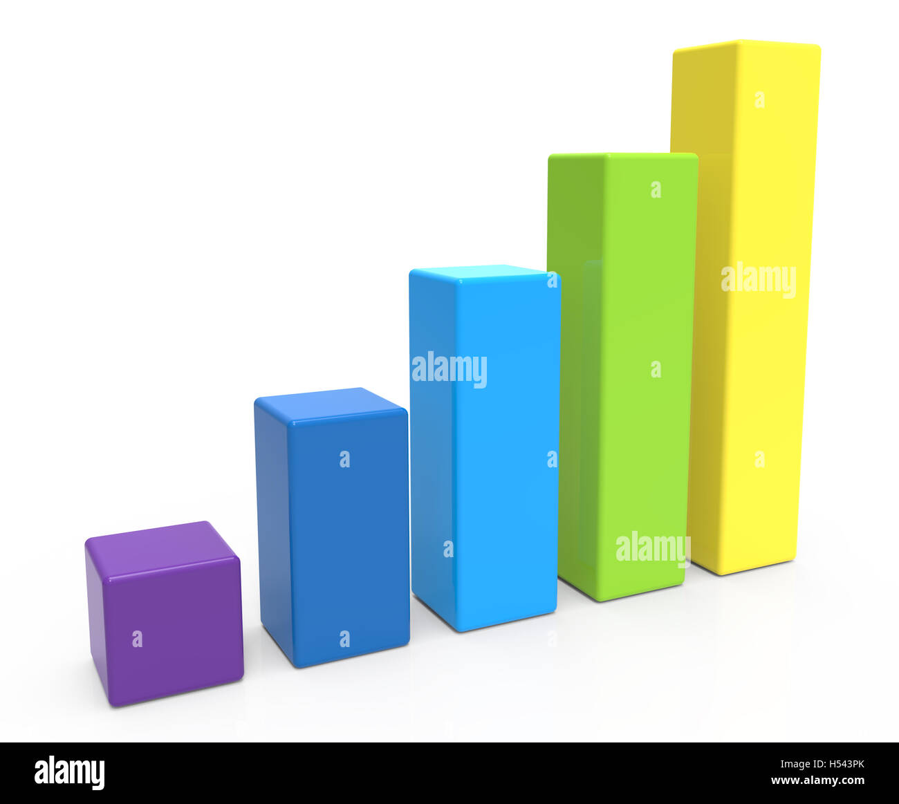 3d rendering five colored bar chart, isolated white background, left ...