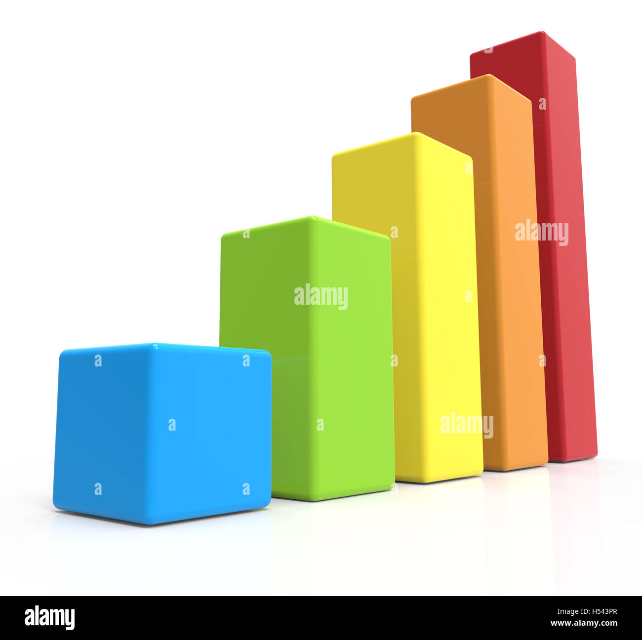 3d rendering five colored bar chart, isolated white background, left ...