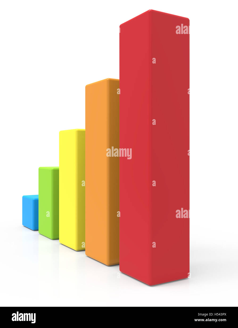 3d rendering five colored bar chart, isolated white background, right ...