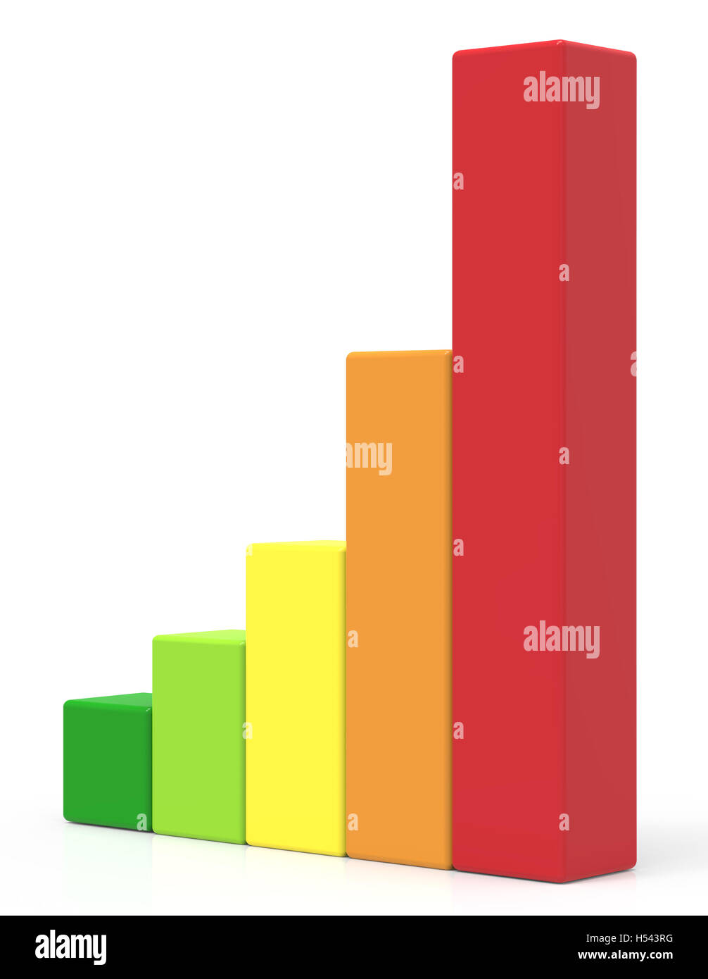 3d rendering five colored bar chart, isolated white background, right ...