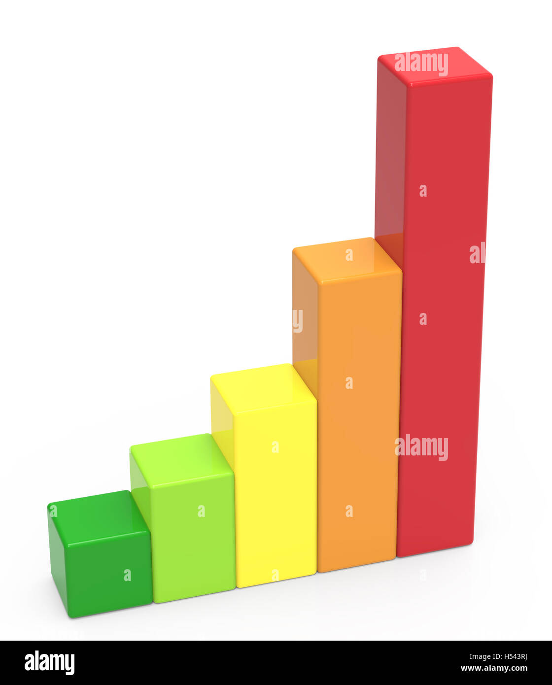 3d rendering five colored bar chart, isolated white background, left ...