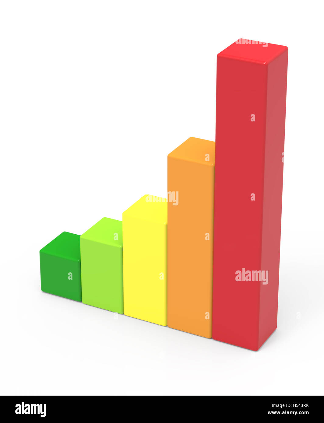 3d rendering five colored bar chart, isolated white background, right ...