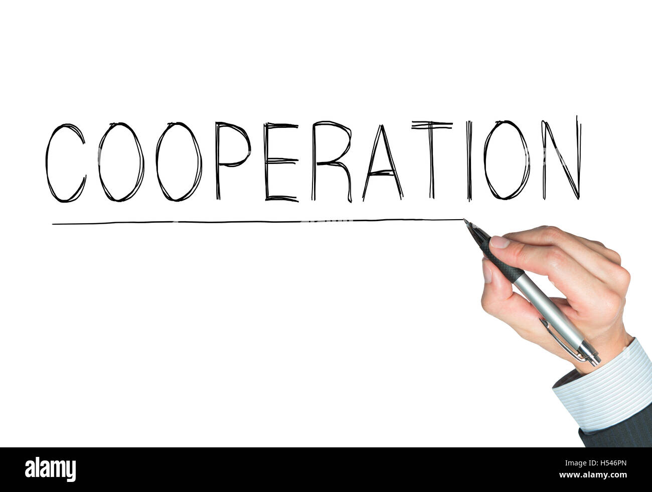 cooperation written by hand, hand writing on transparent board, photo ...
