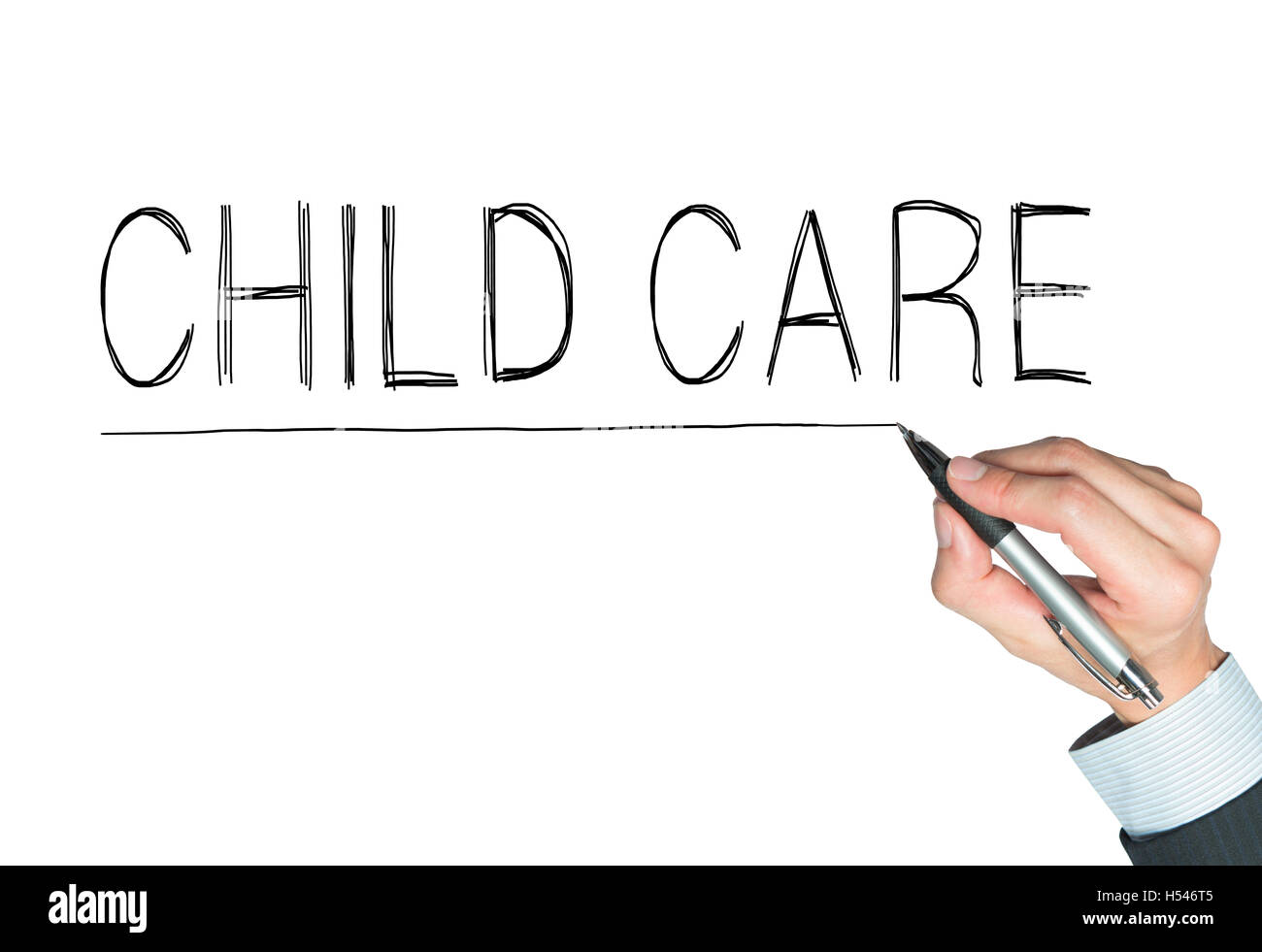 child care written by hand, hand writing on transparent board, photo ...