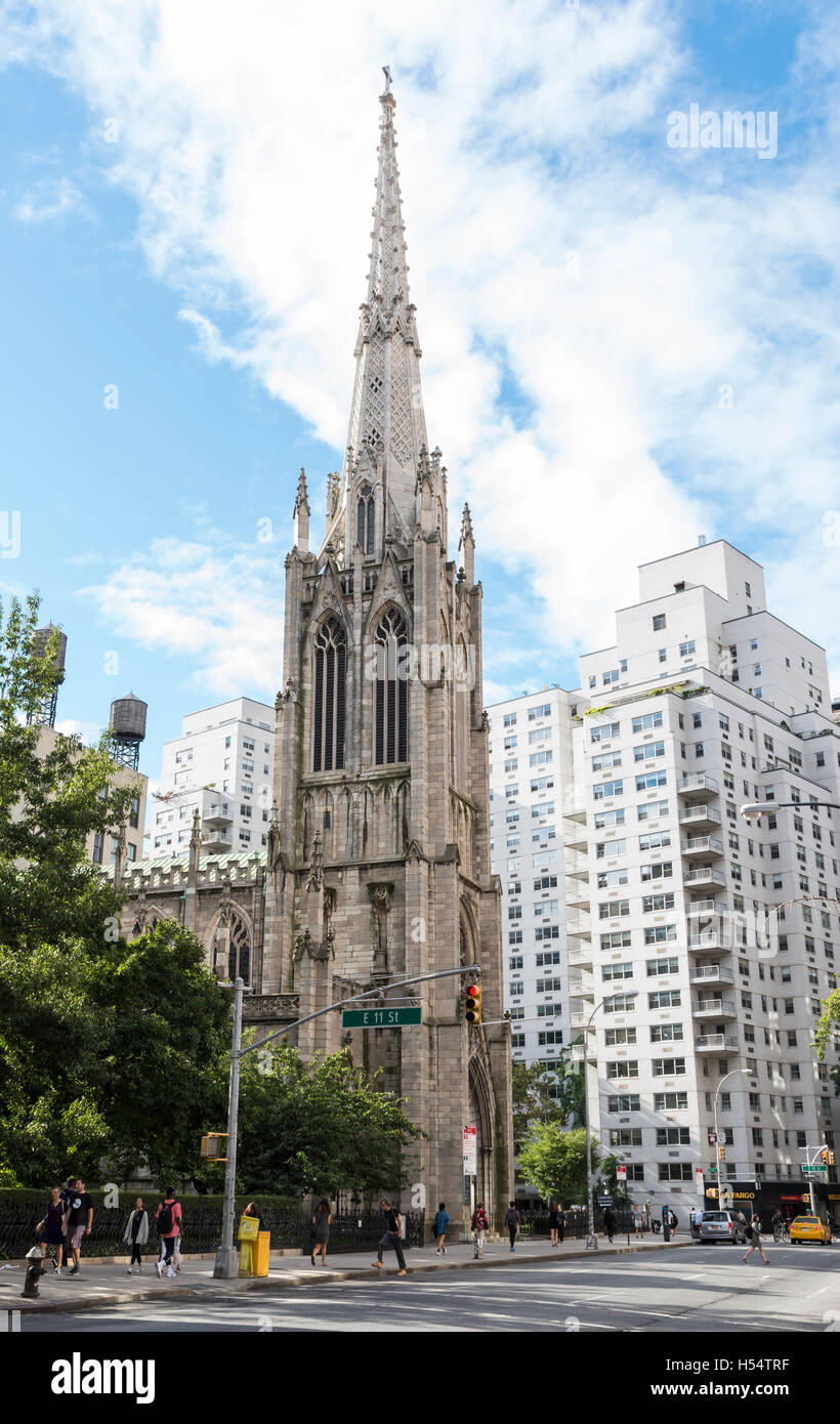 View of spire of landmarked Grace Church and Broadway, gothic revival ...