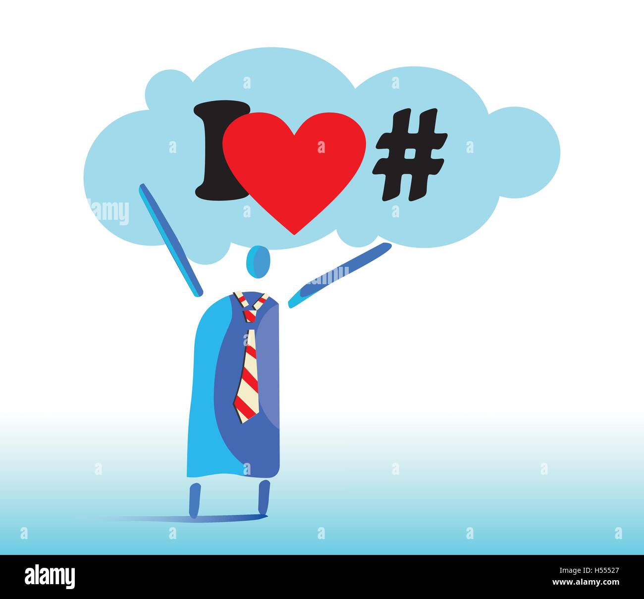I Love Hashtags Concept Design. Man hold cloud and I love Hashtags sign ...