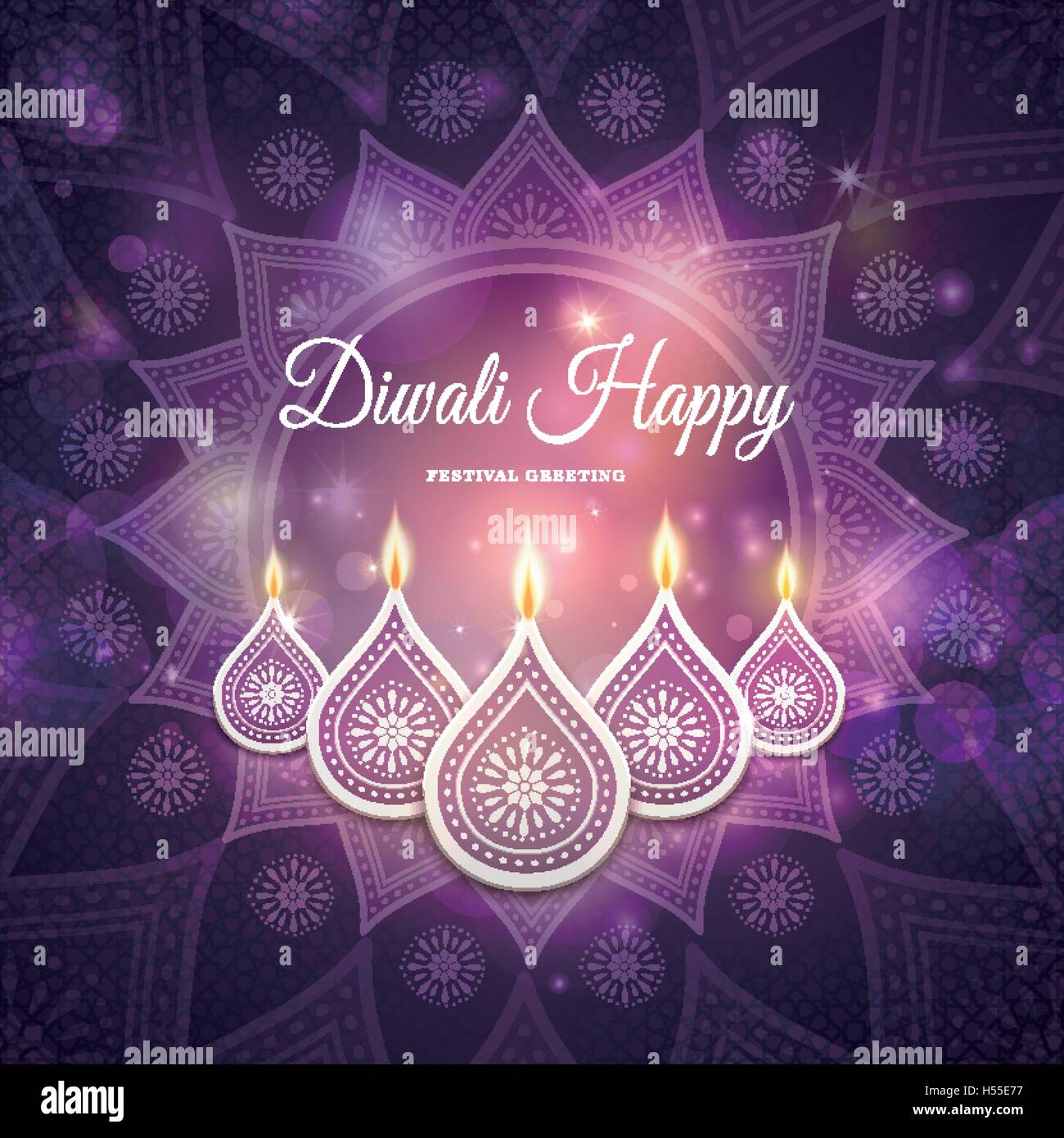 happy diwali festival greeting text, with candle decorations and purple ...
