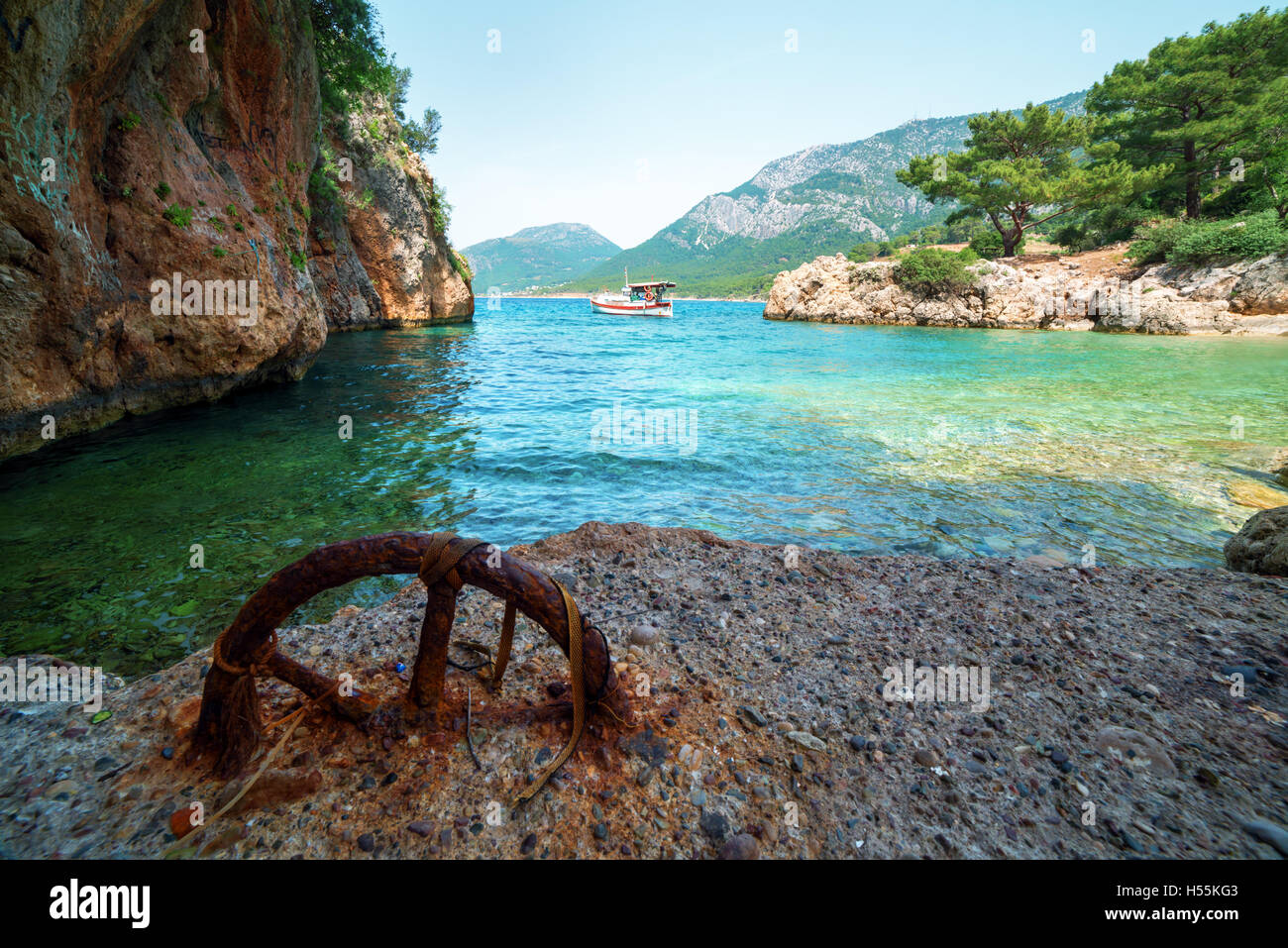 amazing lagoon with alone boat Stock Photo - Alamy