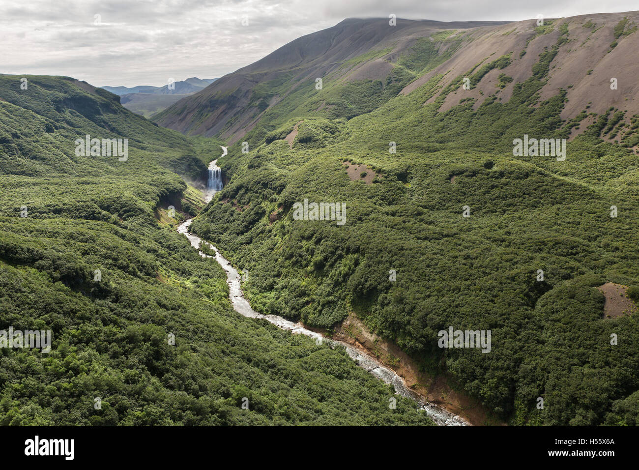 River and waterfall in the Caldera volcano Ksudach. South Kamchatka ...