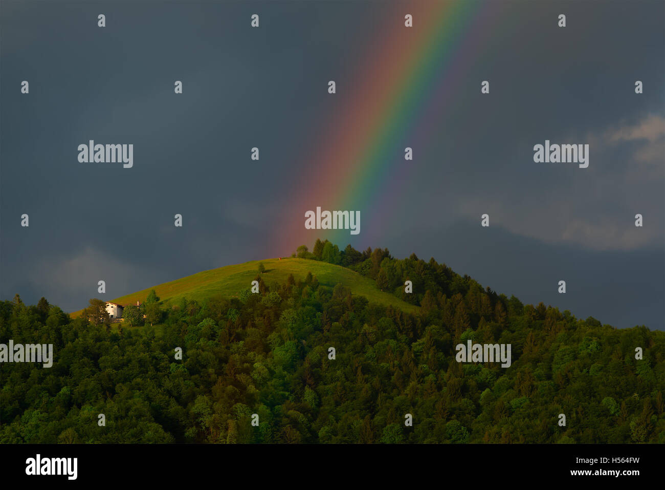 Real rainbow evening in the hills Stock Photo - Alamy