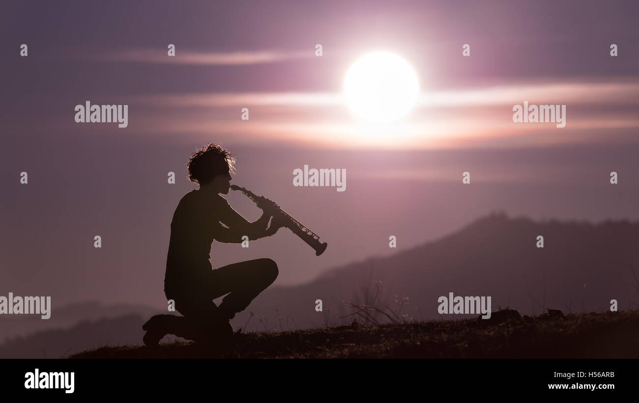 Saxophone man silhouette purple hi-res stock photography and images - Alamy
