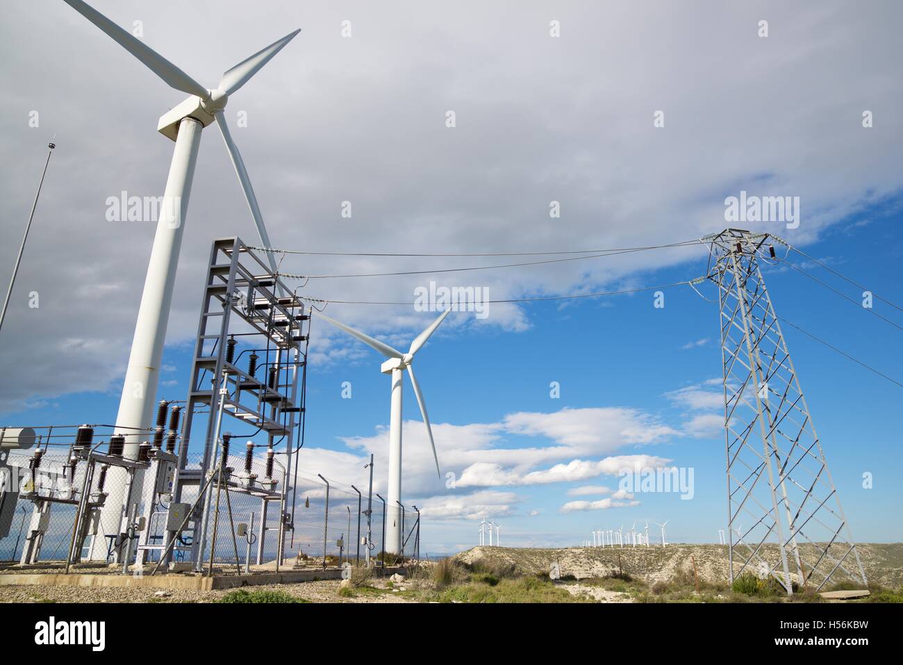 Windmills and electrical substation, Zaragoza province, Aragon, Spain ...