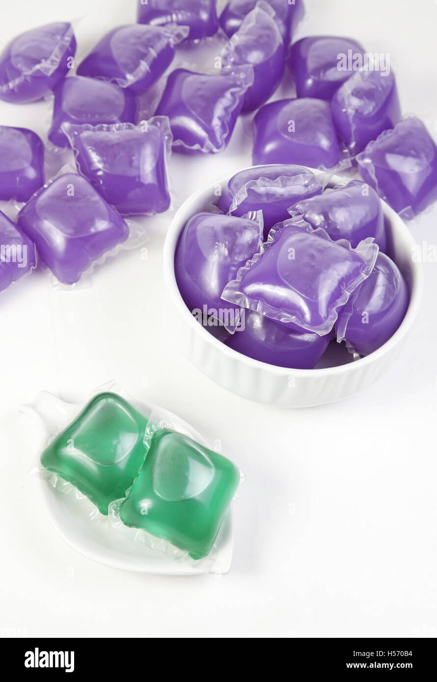 Capsules of laundry detergent, cleaning product detail, fabric care ...