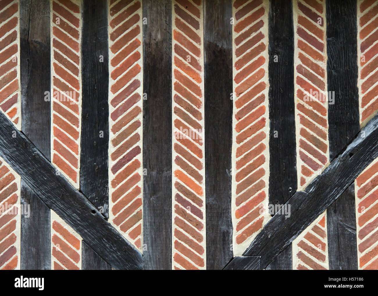 Timber frame and brick market hall wall detail at Weald and Downland ...