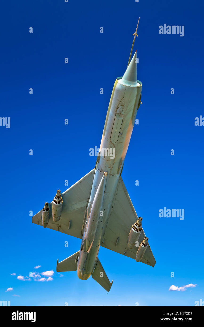 Fighter jet airplane flight under view, clear blue sky background Stock ...
