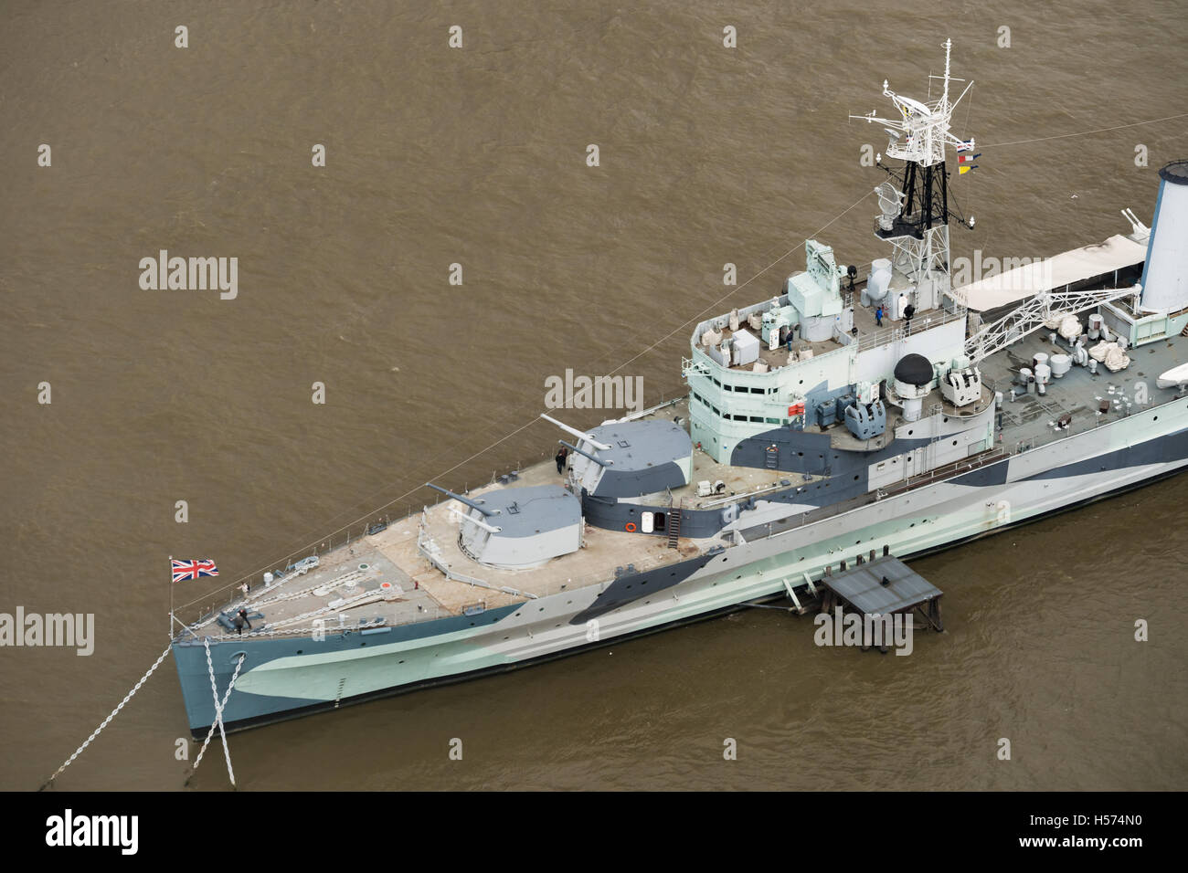 Aerial view of the foredeck of HMS Belfast from The Shard London Stock ...