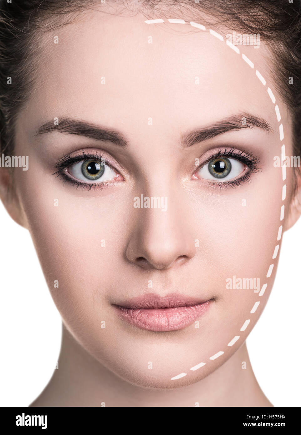 Beautiful woman face with correction line Stock Photo - Alamy