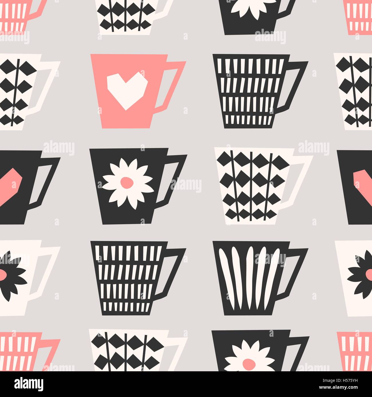 Mid-century style seamless repeating pattern with coffee cups in black ...