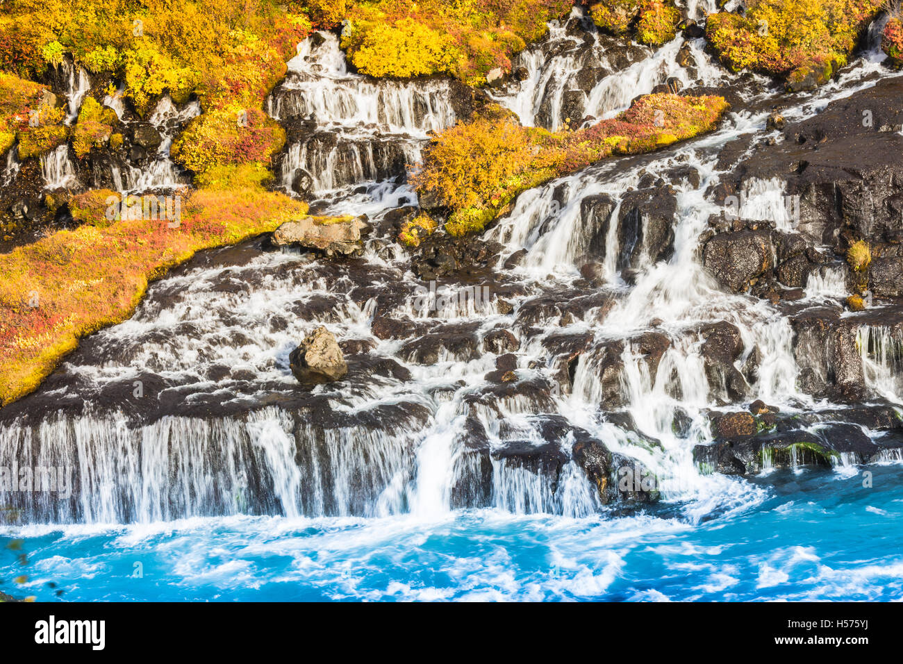 Hraunfossar (Borgarfjordur, western Iceland), a series of waterfalls ...