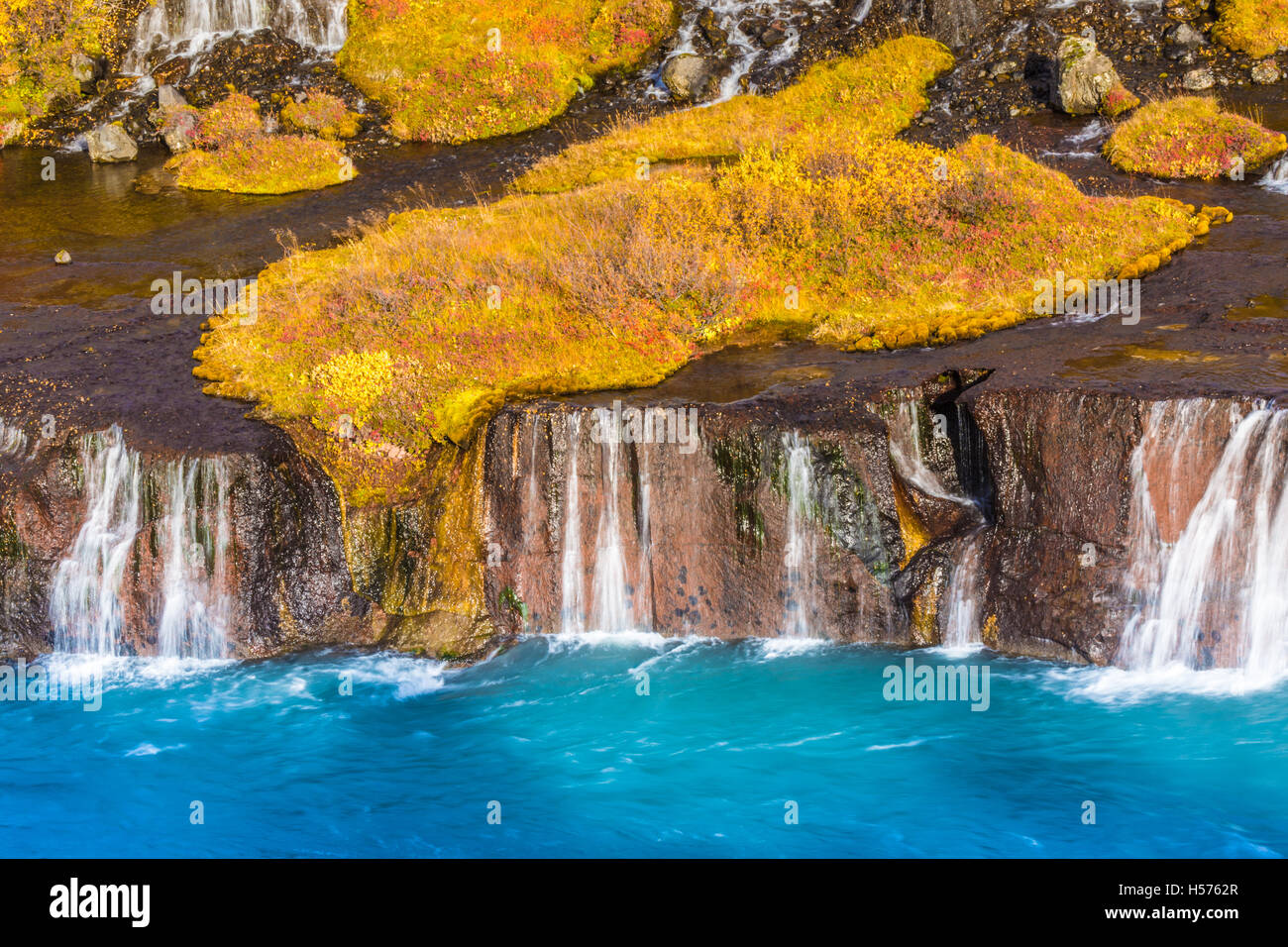 Hraunfossar (Borgarfjordur, western Iceland), a series of waterfalls ...