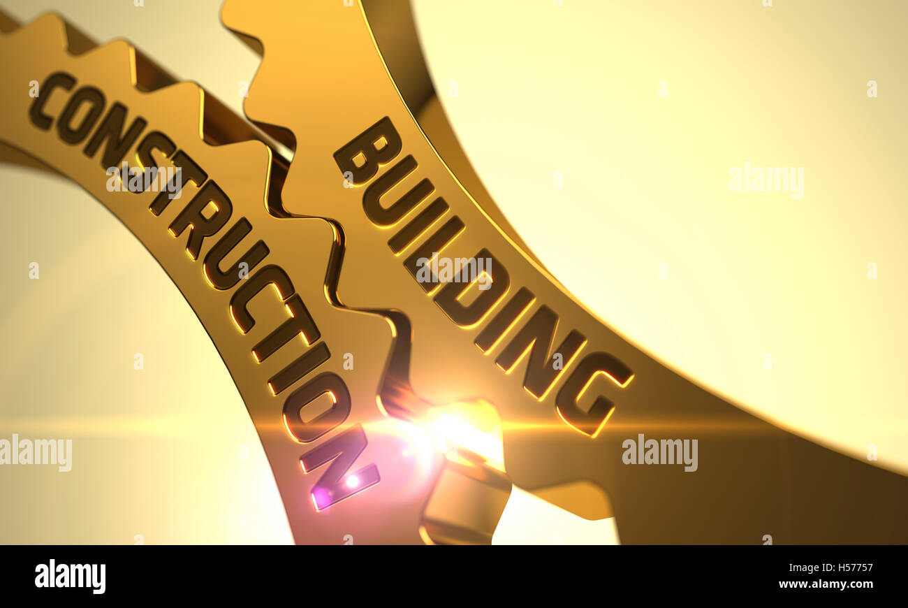 Building Construction on the Golden Metallic Cog Gears. 3D Render Stock ...