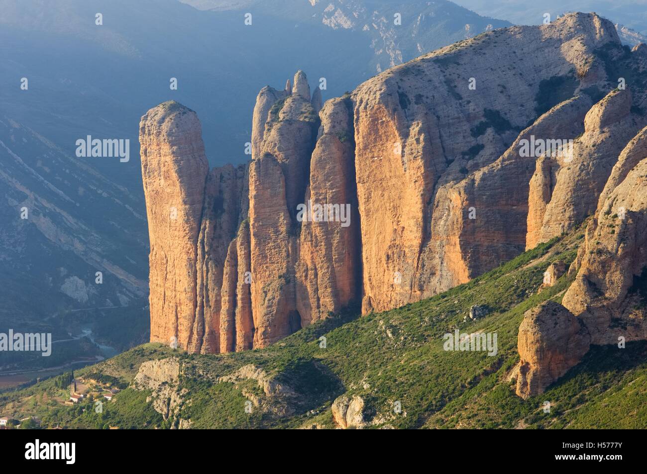 Rock spires known as Mallos de Riglos, Huesca, Aragon, Spain Stock ...