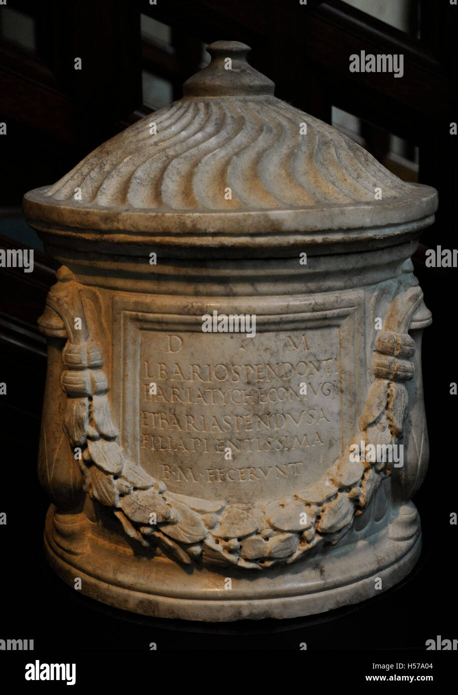 Roman cinerary urn decorated with garland of bay leaves. Latin ...