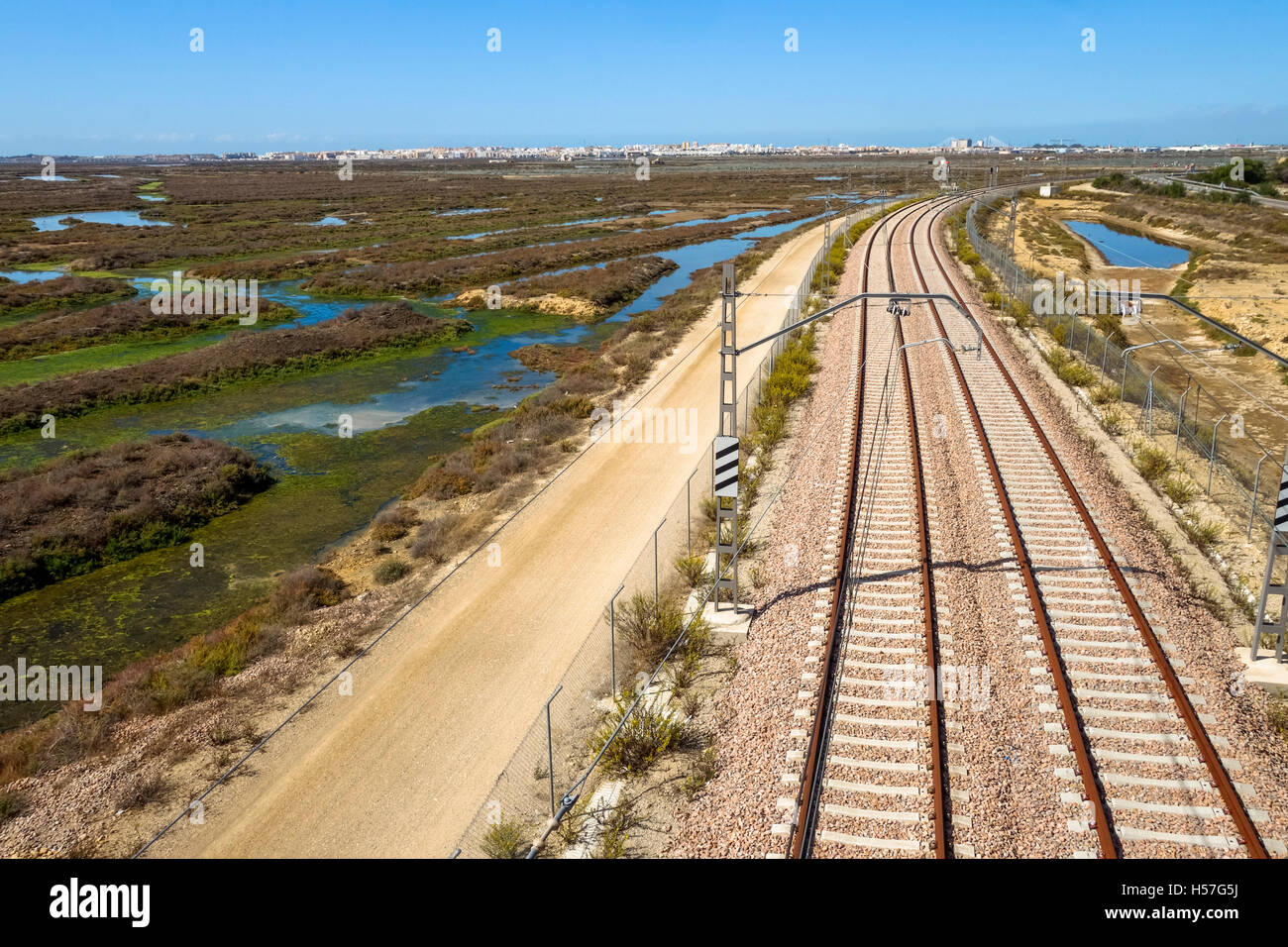Spanish railway system passing through Bay of Cádiz, with marismas and ...