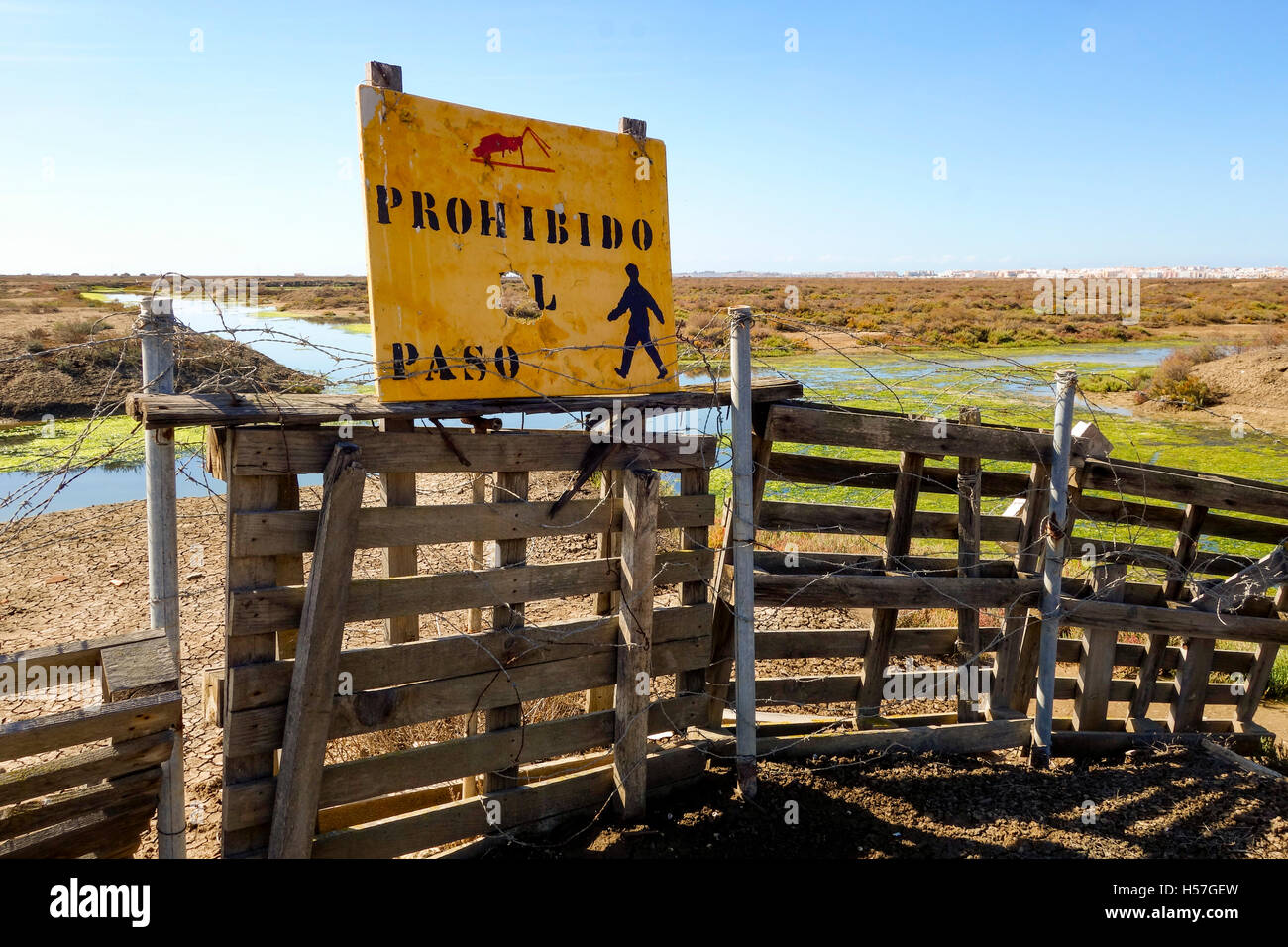No entry sign, Bay of Cádiz, with marismas and salt marshes, Andalusia ...